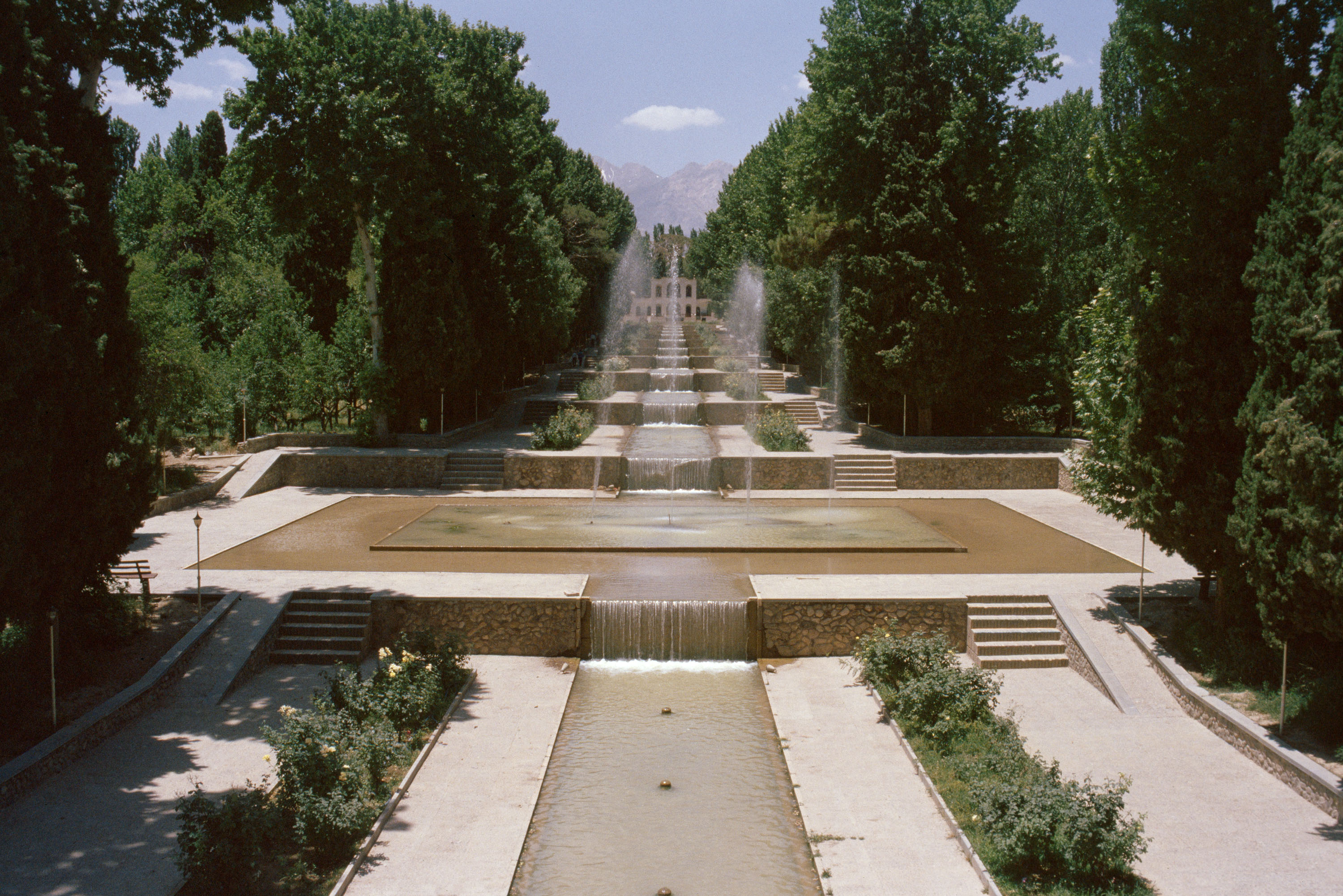 Aerial shot of a Persian garden built right in the middle of an arid ...